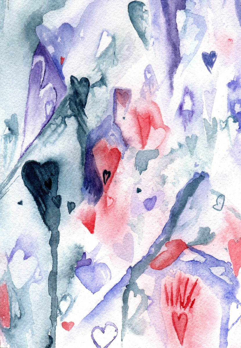 Patience, original watercolor, red, blue, purple, hearts – Creating Jo Deb